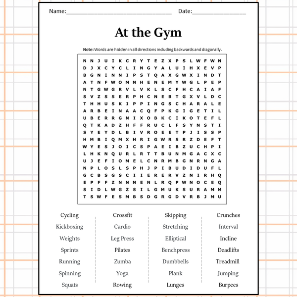 At The Gym Word Search Puzzle Worksheet Activity PDF – PrintableBazaar