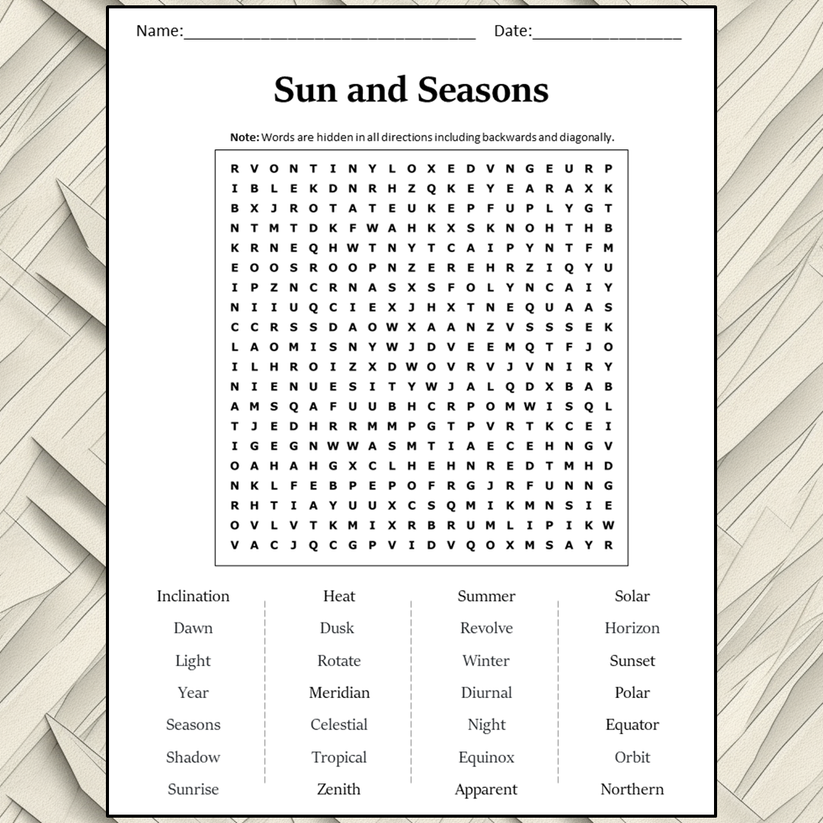 Sun And Seasons Word Search Puzzle Worksheet Activity PDF – PrintableBazaar