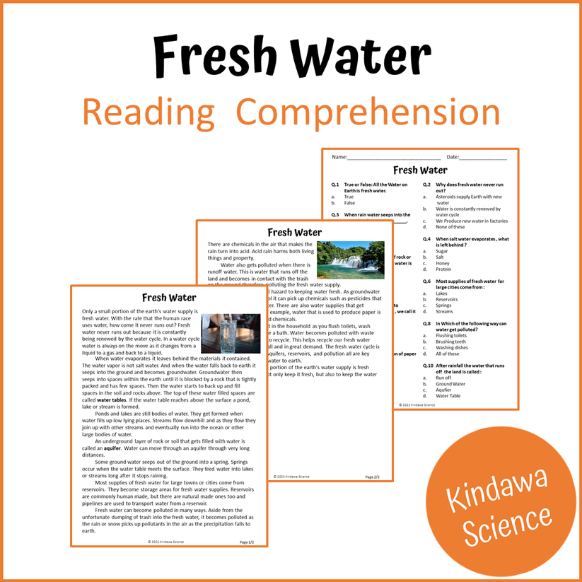 Fresh Water Reading Comprehension Passage and Questions | Printable PD ...