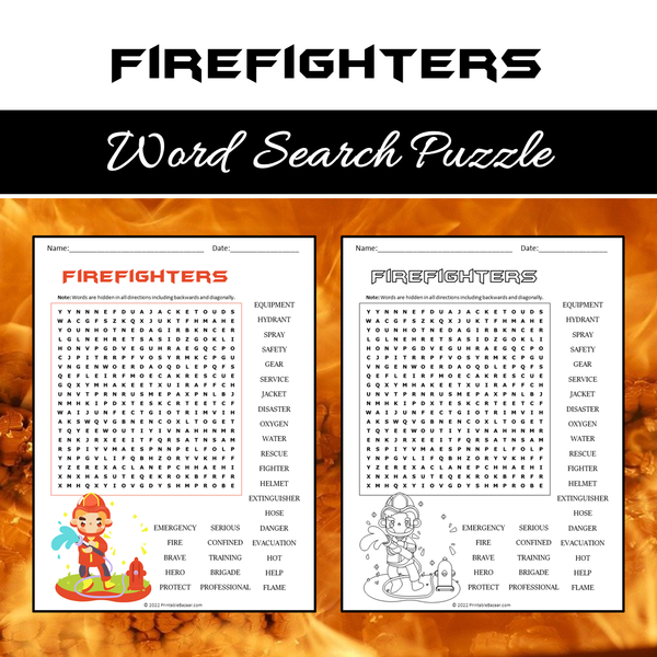 Firefighters Word Search Puzzle Worksheet PDF – PrintableBazaar