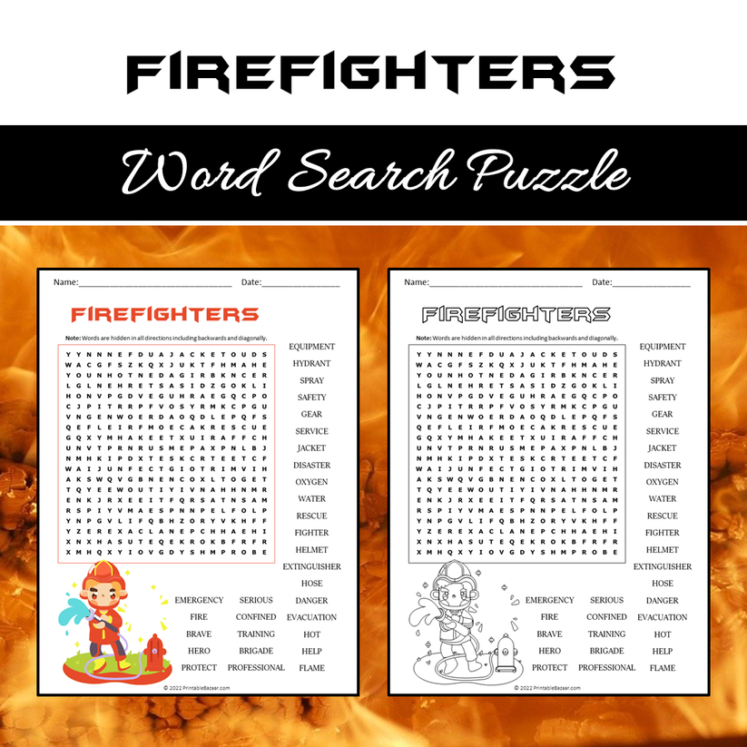 Firefighters Word Search Puzzle Worksheet PDF – PrintableBazaar