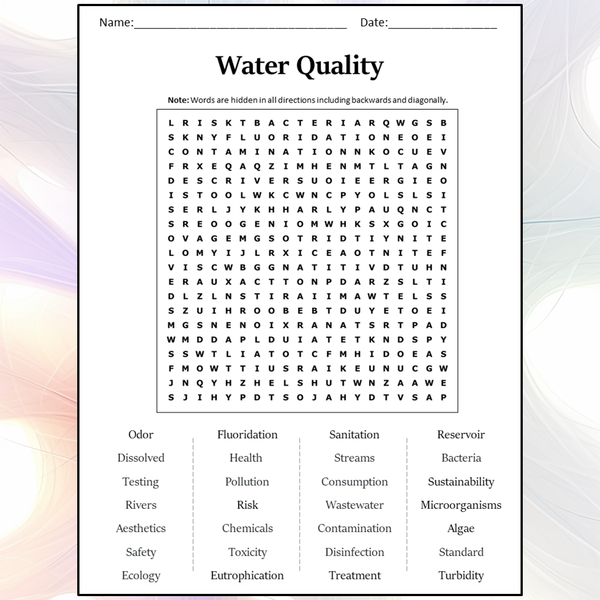 Water Quality Word Search Puzzle Worksheet Activity PDF – PrintableBazaar