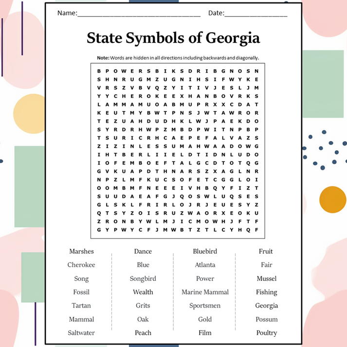 State Symbols Of Georgia Word Search Puzzle Worksheet Activity PDF ...