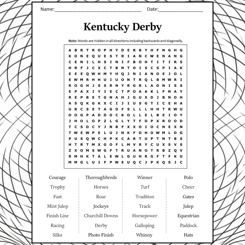 Kentucky Derby Word Search Puzzle Worksheet Activity PDF – PrintableBazaar