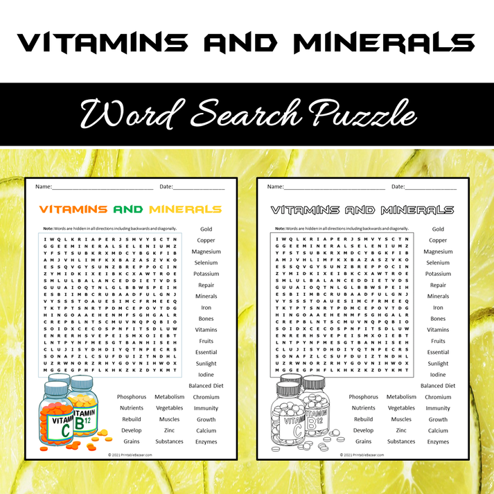 Vitamins And Minerals Word Search Puzzle Worksheet PDF – PrintableBazaar