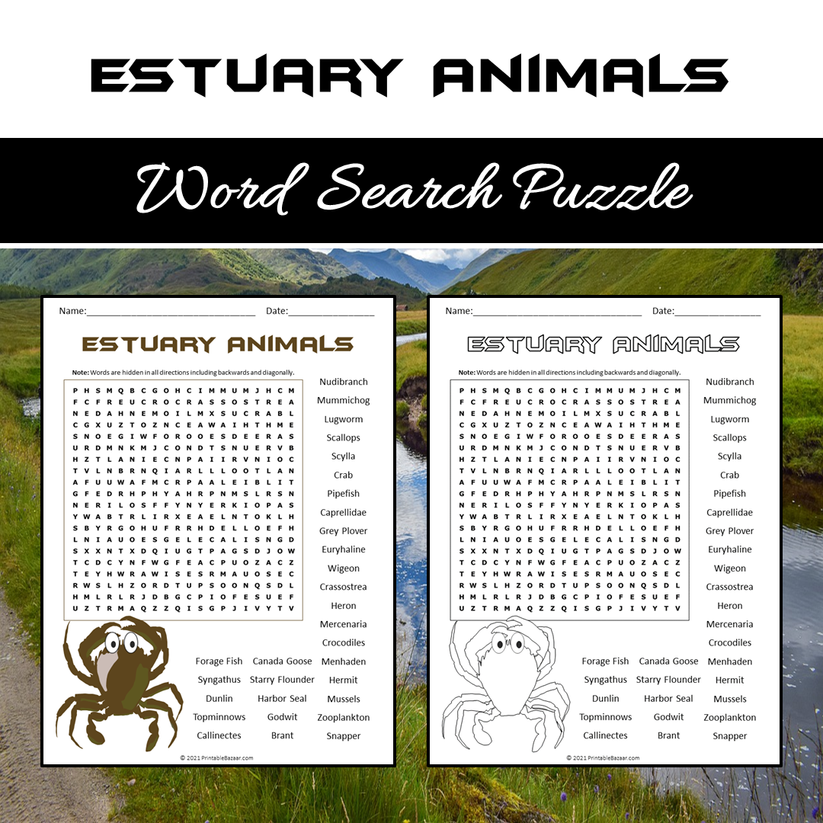 Estuary Animals Word Search Puzzle Worksheet PDF – PrintableBazaar