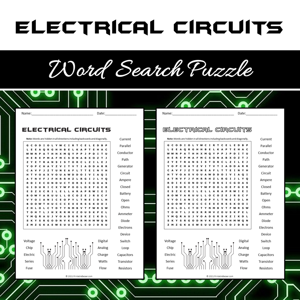 Electrical Circuits Word Search Puzzle Worksheet PDF – PrintableBazaar