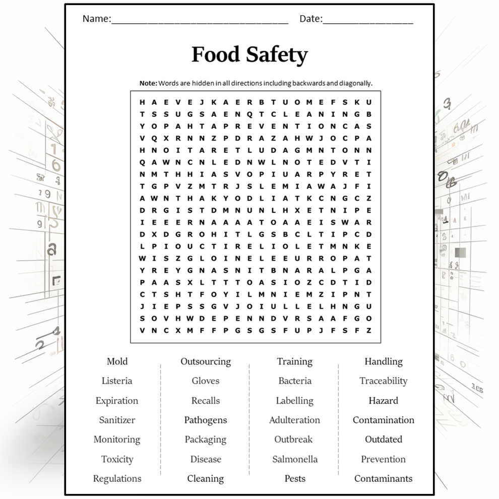 Food Safety Word Search Puzzle Worksheet Activity PDF – PrintableBazaar