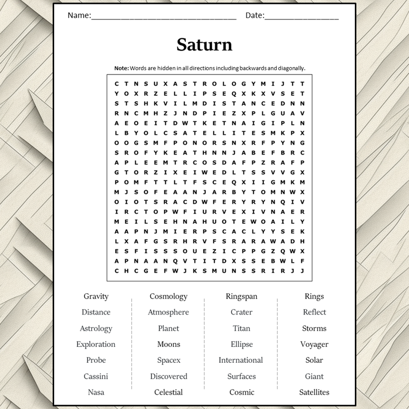 Saturn Word Search Puzzle Worksheet Activity PDF – PrintableBazaar