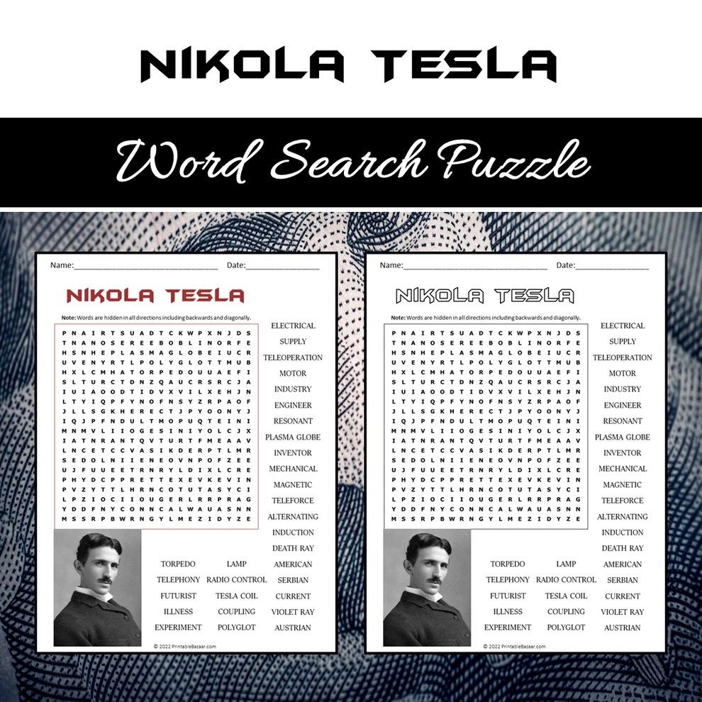 Nikola Tesla Word Search Puzzle Worksheet PDF – PrintableBazaar