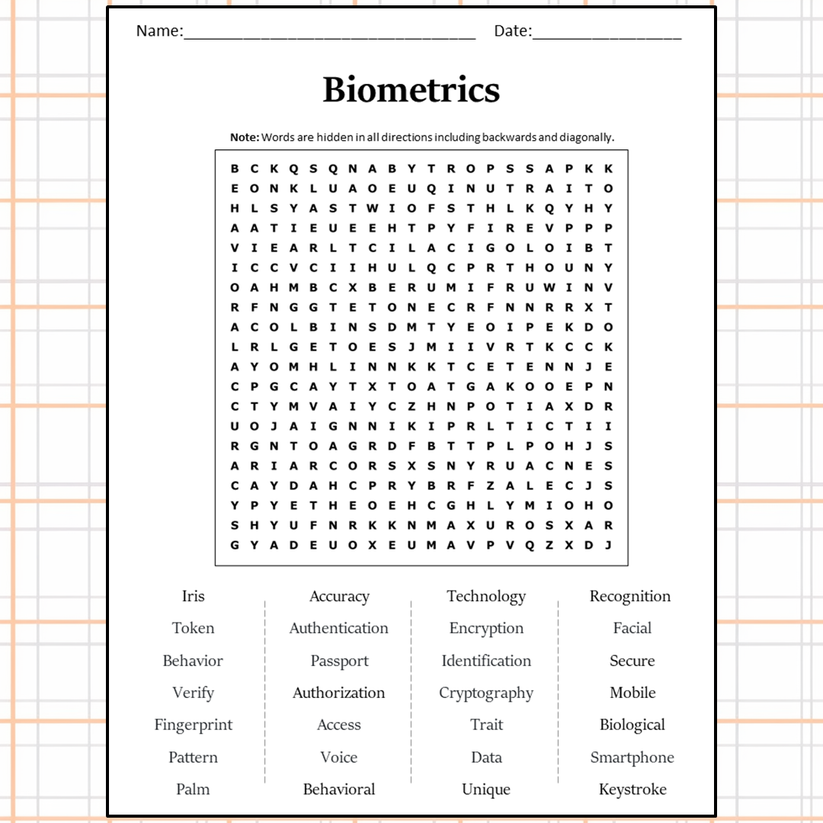 Biometrics Word Search Puzzle Worksheet Activity PDF – PrintableBazaar