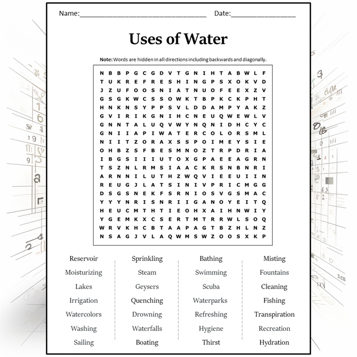 Uses Of Water Word Search Puzzle Worksheet Activity PDF – PrintableBazaar