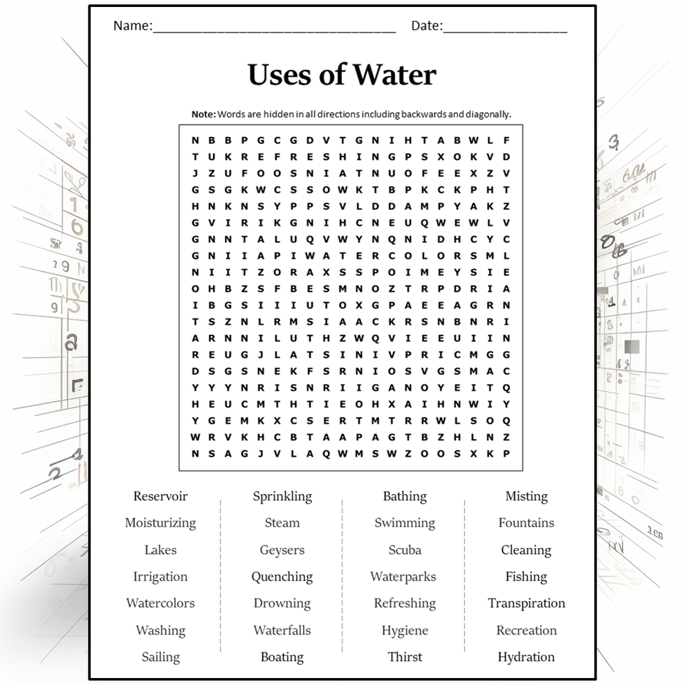 Uses Of Water Word Search Puzzle Worksheet Activity PDF – PrintableBazaar