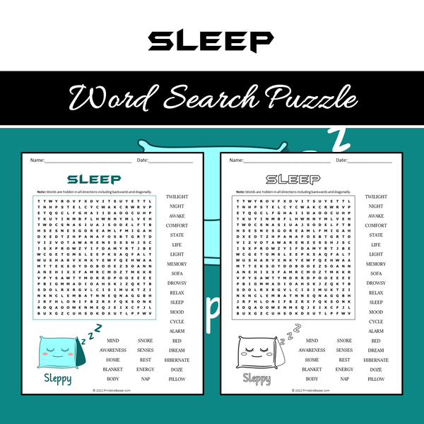 Sleep Word Search Puzzle Worksheet PDF – PrintableBazaar