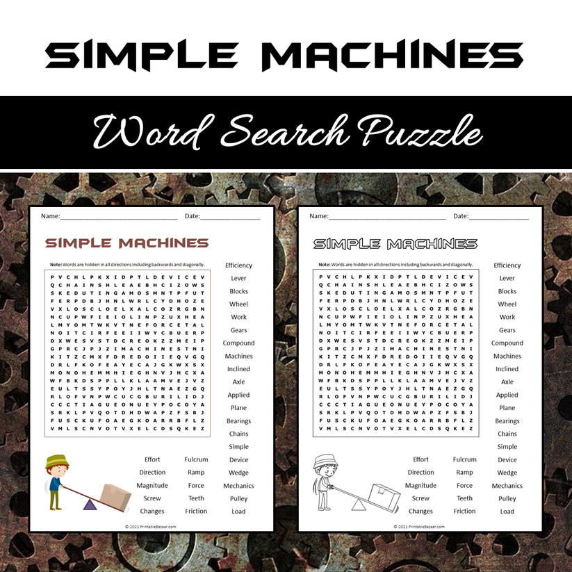 Simple Machines Word Search Puzzle Worksheet PDF – PrintableBazaar
