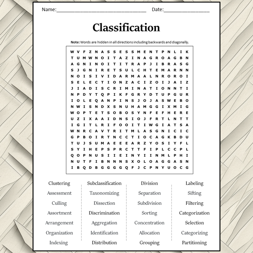 Classification Word Search Puzzle Worksheet Activity PDF – PrintableBazaar