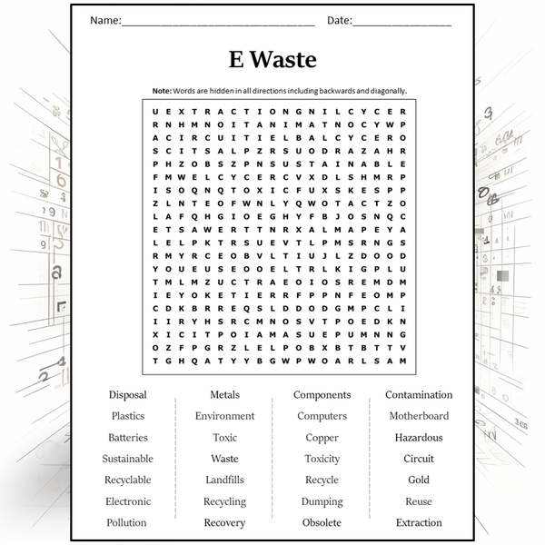 E Waste Word Search Puzzle Worksheet Activity PDF – PrintableBazaar
