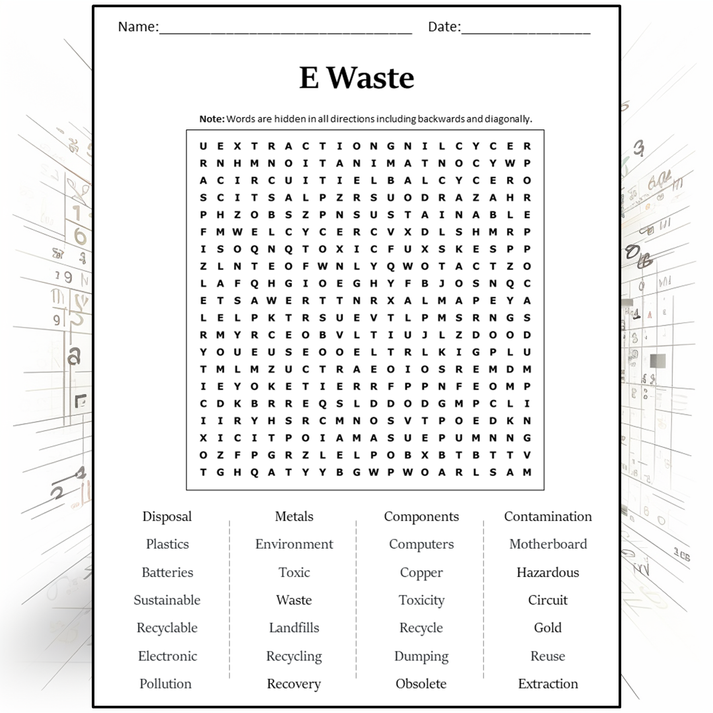 E Waste Word Search Puzzle Worksheet Activity PDF – PrintableBazaar