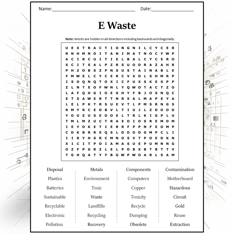 E Waste Word Search Puzzle Worksheet Activity PDF – PrintableBazaar