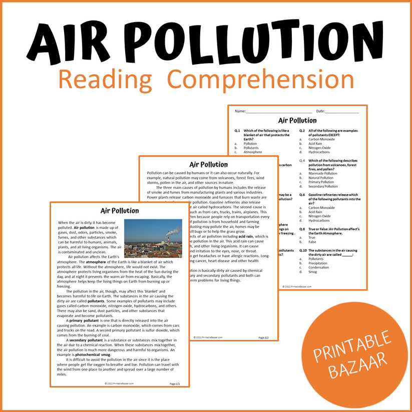 Air Pollution Reading Comprehension Passage and Questions | Printable ...