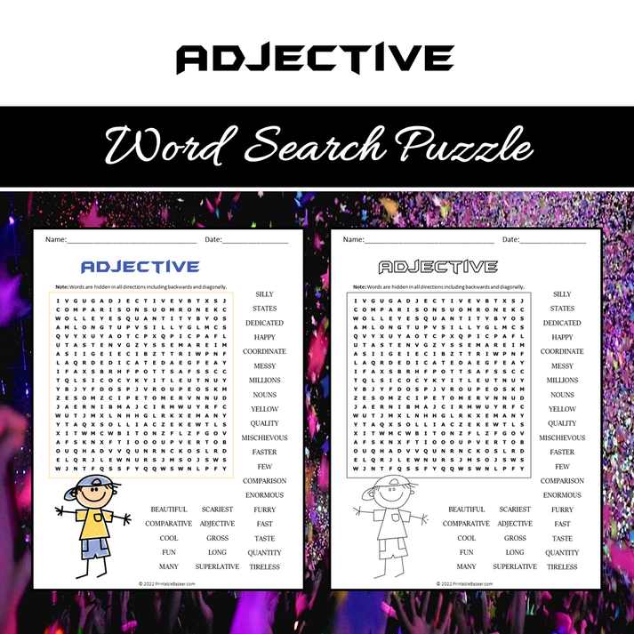 Adjective Word Search Puzzle Worksheet PDF – PrintableBazaar