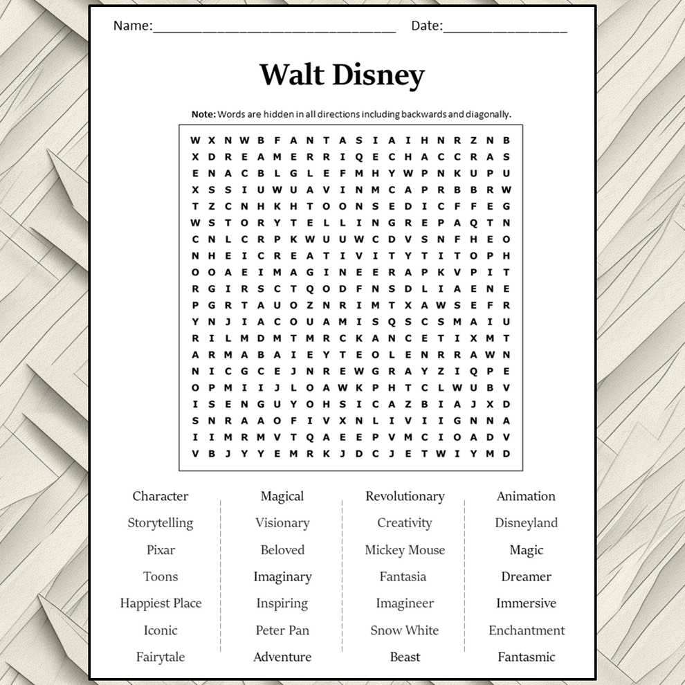 Walt Disney Word Search Puzzle Worksheet Activity PDF – PrintableBazaar