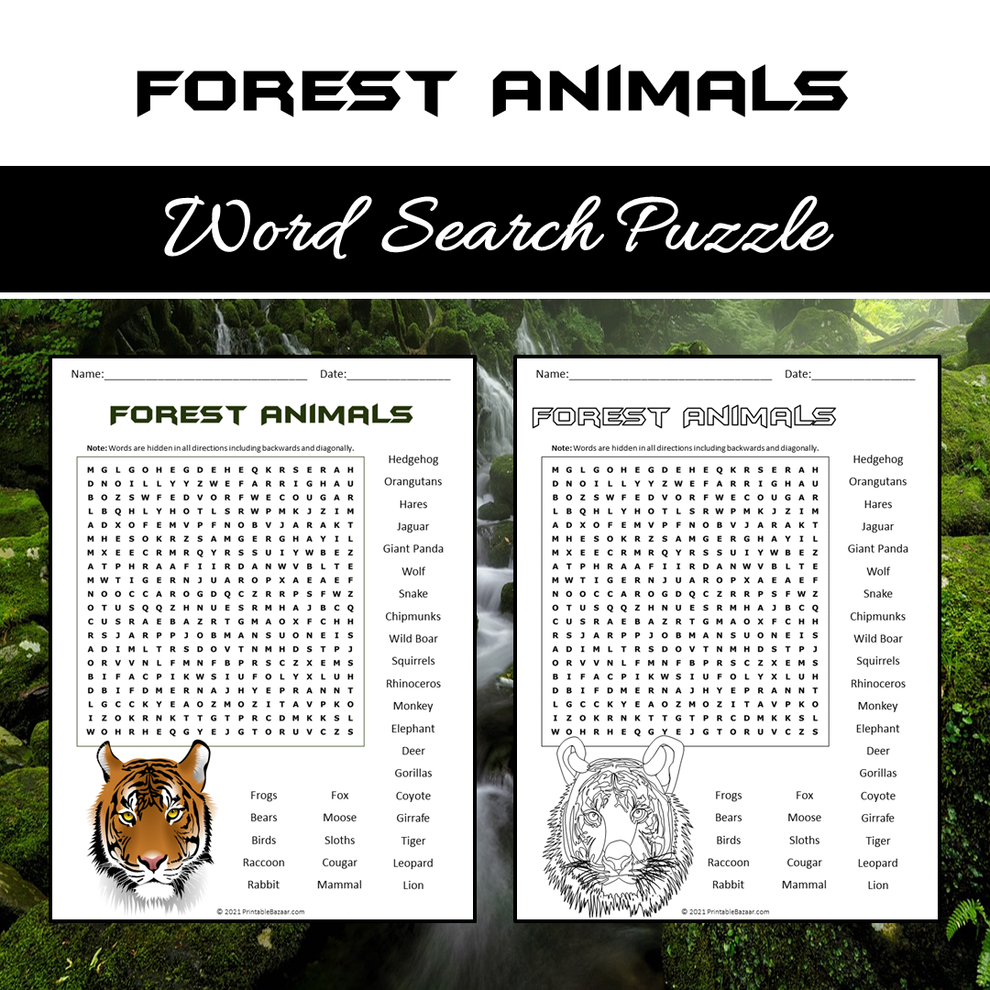Forest Animals Word Search Puzzle Worksheet PDF – PrintableBazaar