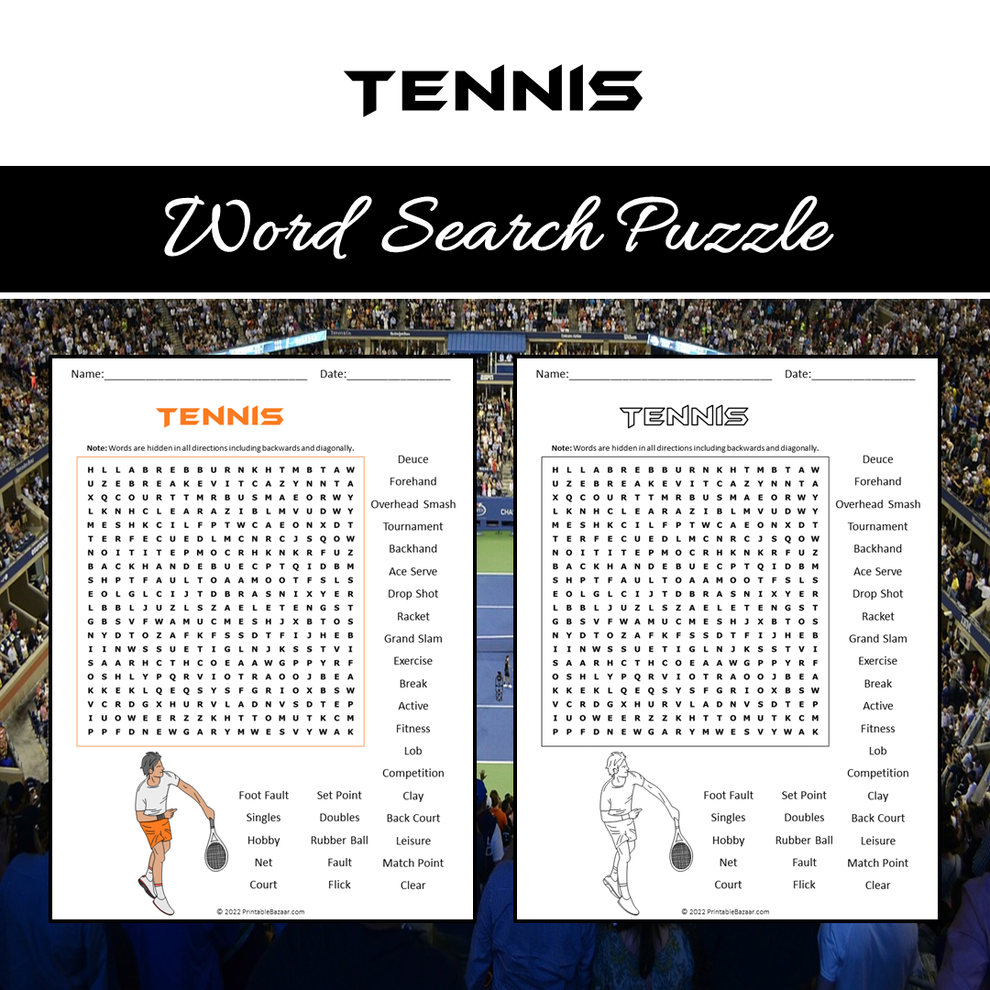 Tennis Word Search Puzzle Worksheet PDF – PrintableBazaar