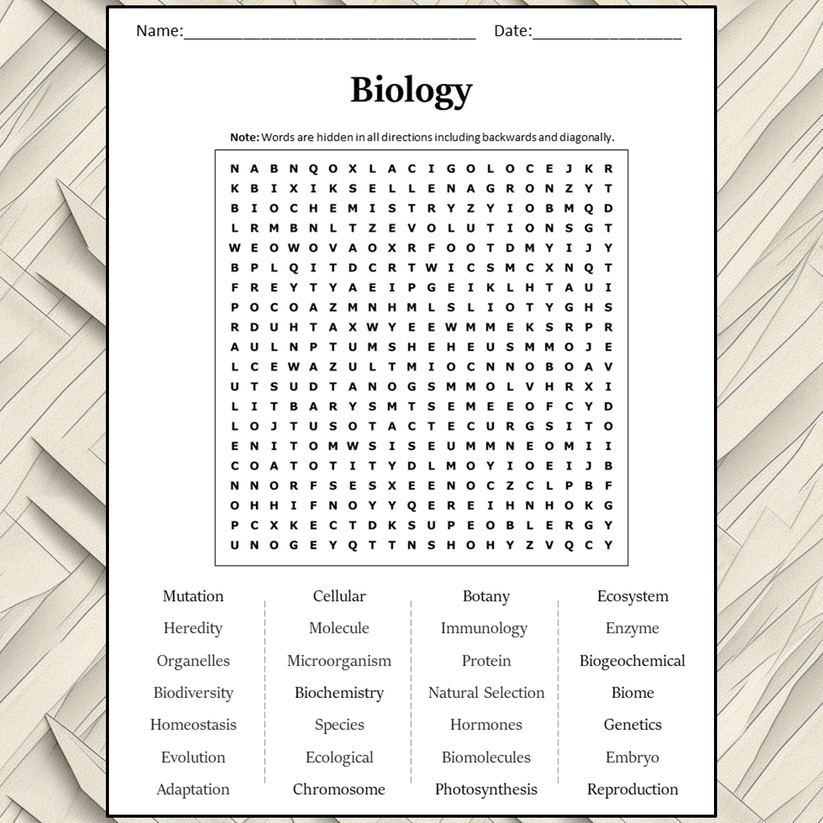 Biology Word Search Puzzle Worksheet Activity PDF – PrintableBazaar