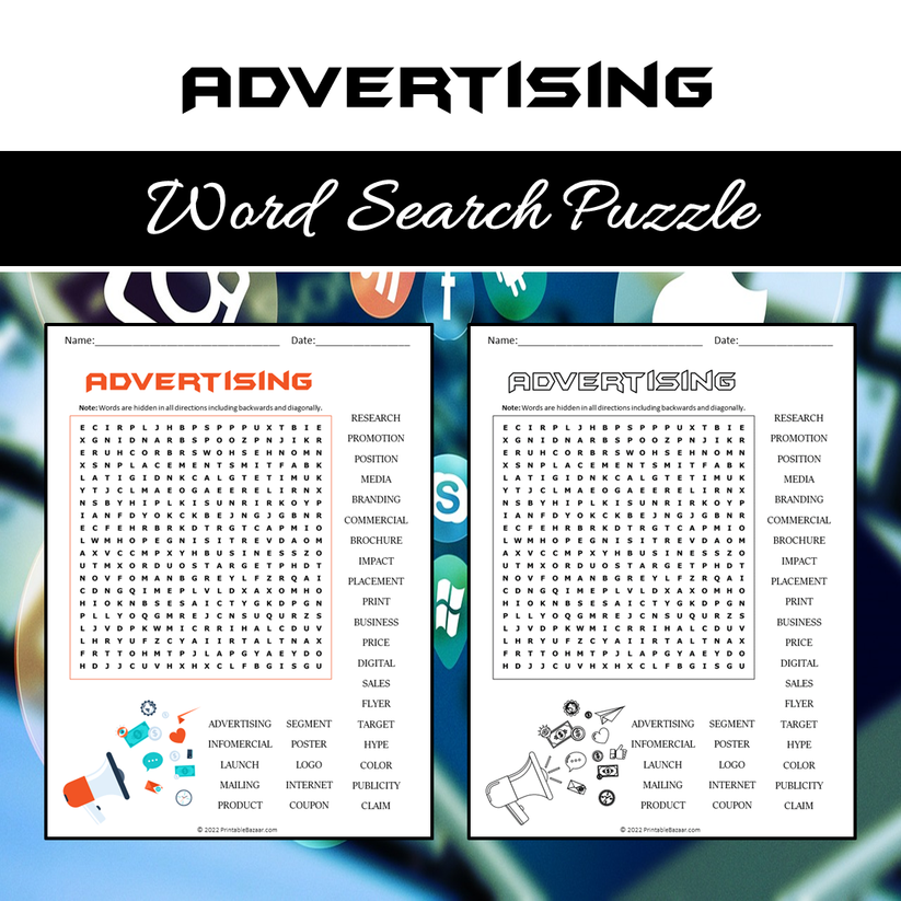 Advertising Word Search Puzzle Worksheet PDF – PrintableBazaar