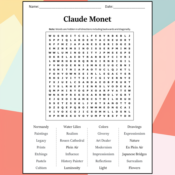 Claude Monet Word Search Puzzle Worksheet Activity PDF – PrintableBazaar