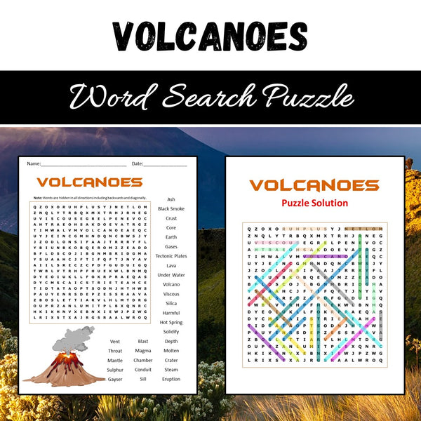 Volcanoes Word Search Puzzle Worksheet PDF – PrintableBazaar