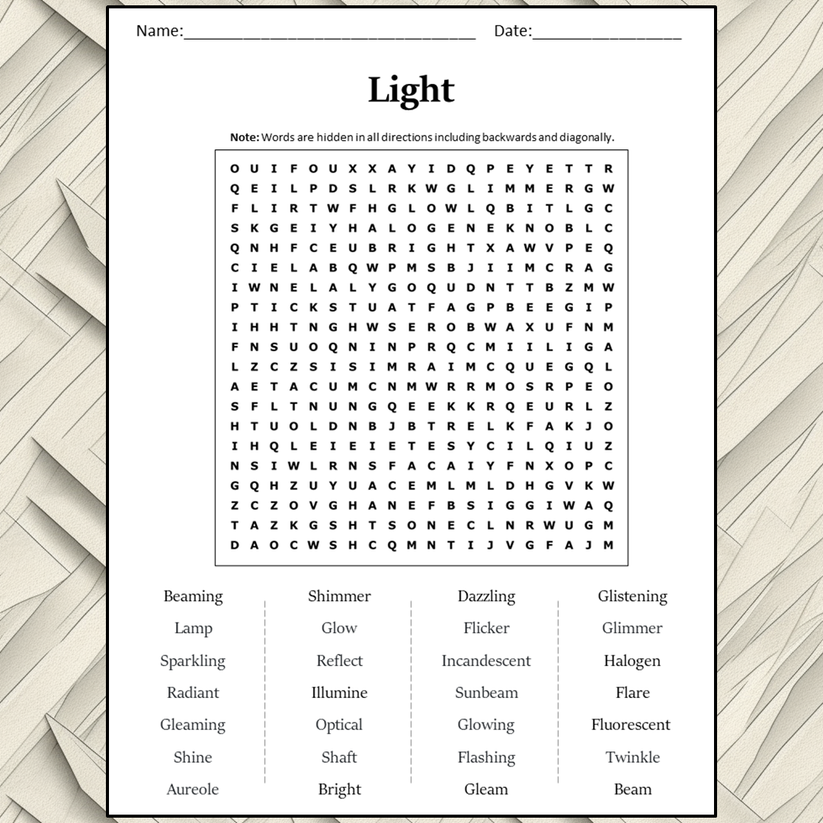 Light Word Search Puzzle Worksheet Activity PDF – PrintableBazaar