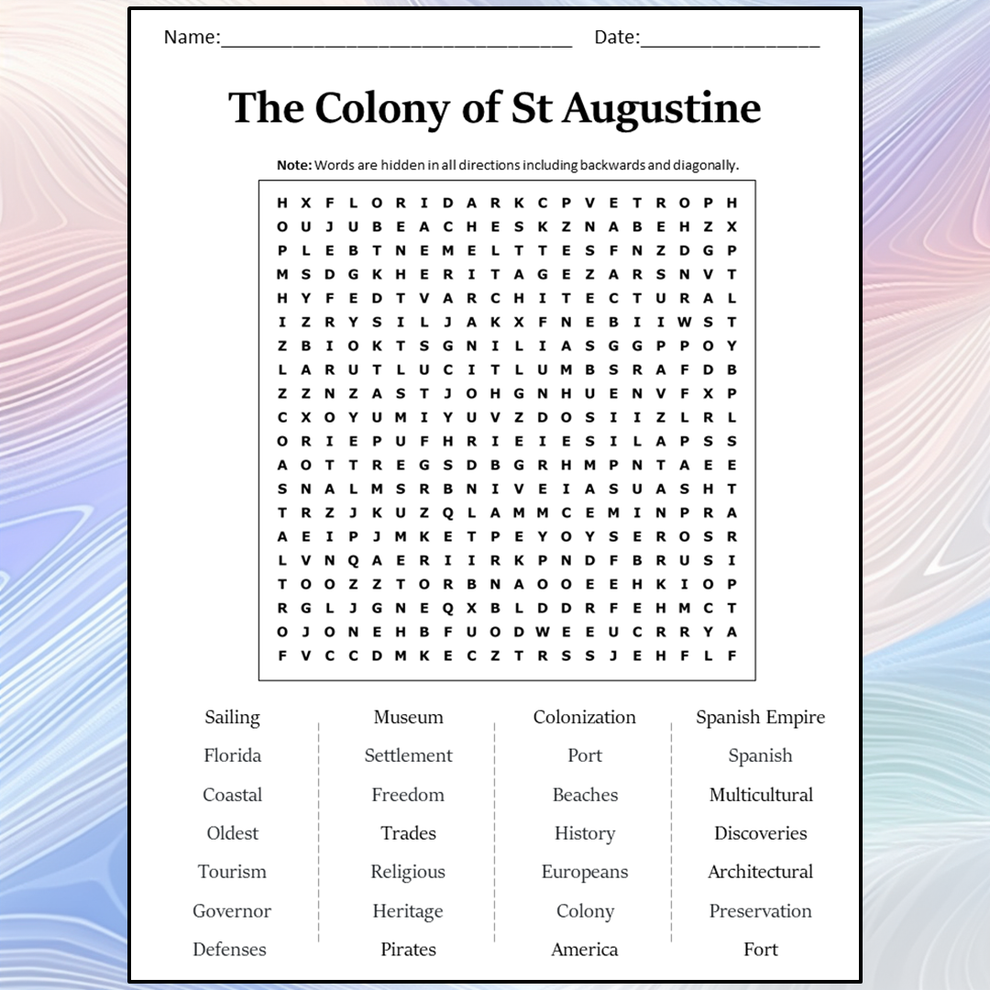 The Colony Of St Augustine Word Search Puzzle Worksheet Activity PDF ...