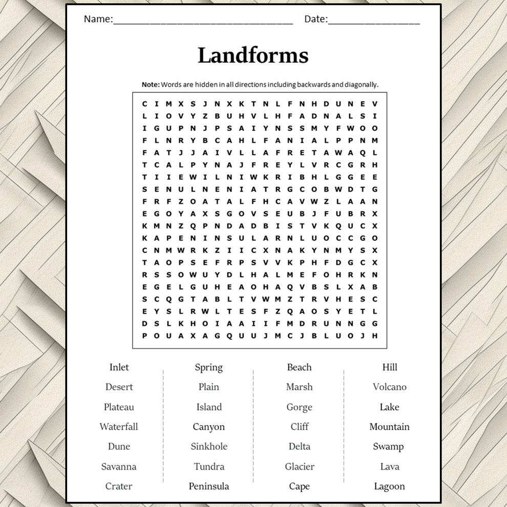 Landforms Word Search Puzzle Worksheet Activity PDF – PrintableBazaar