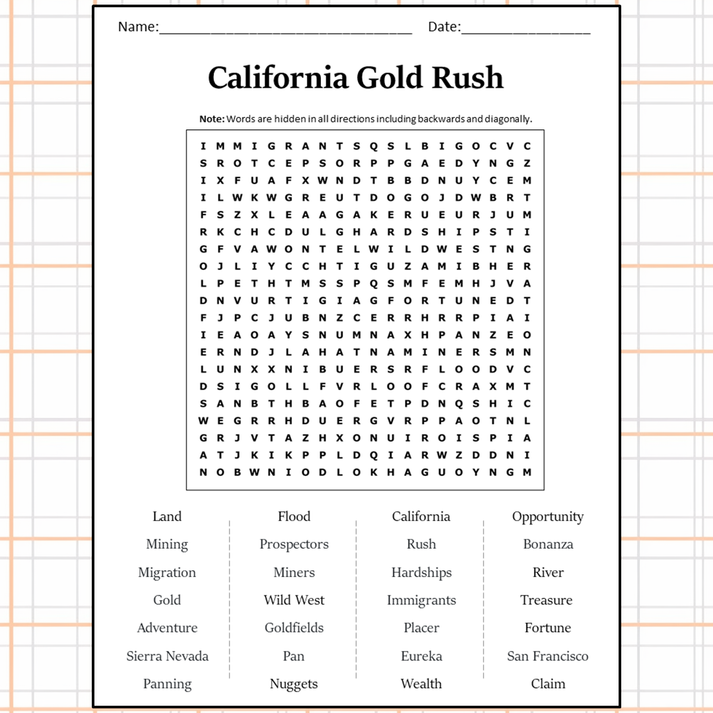 California Gold Rush Word Search Puzzle Worksheet Activity PDF ...