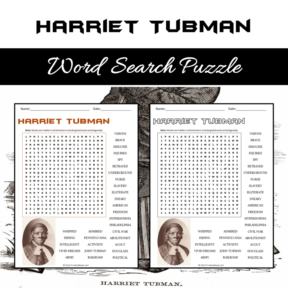 Harriet Tubman Word Search Puzzle Worksheet PDF – PrintableBazaar