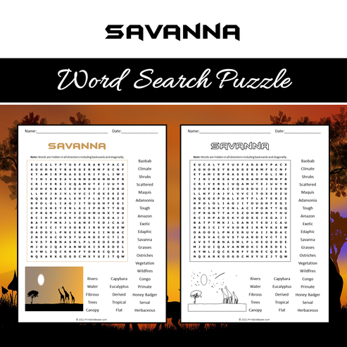Savanna Word Search Puzzle Worksheet PDF – PrintableBazaar