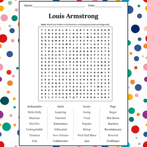 Louis Armstrong Word Search Puzzle Worksheet Activity PDF – PrintableBazaar