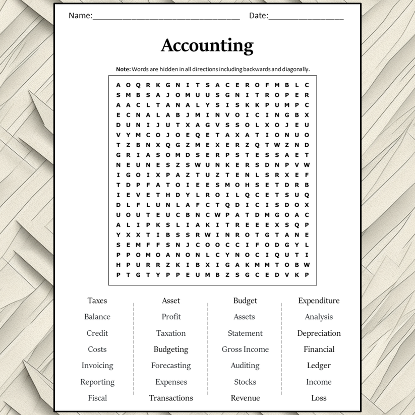 Accounting Word Search Puzzle Worksheet Activity PDF – PrintableBazaar