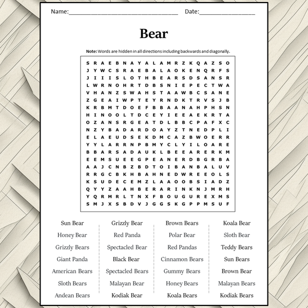 Bear Word Search Puzzle Worksheet Activity PDF – PrintableBazaar