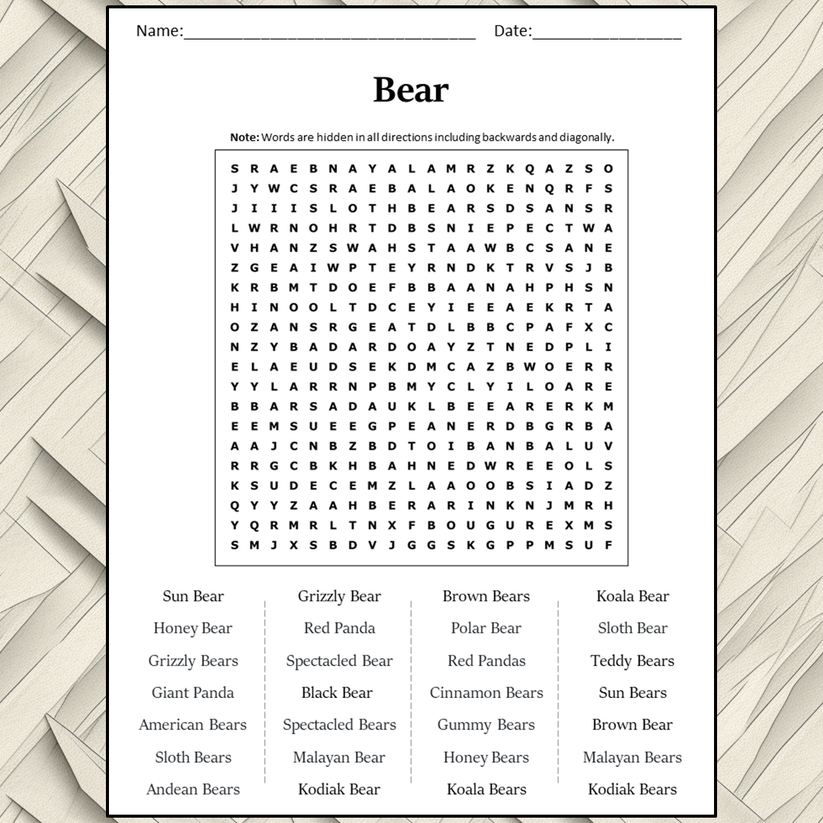 Bear Word Search Puzzle Worksheet Activity PDF – PrintableBazaar