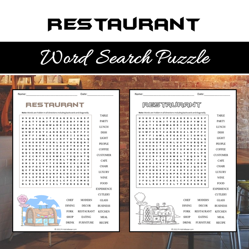 Restaurant Word Search Puzzle Worksheet PDF – PrintableBazaar