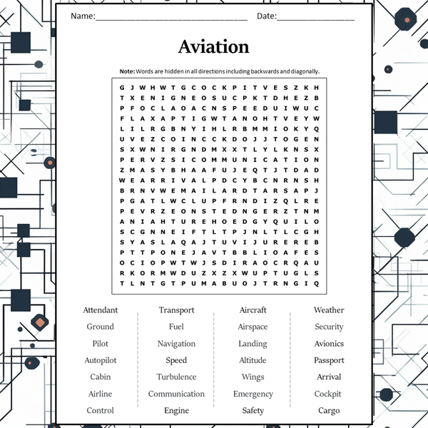 Aviation Word Search Puzzle Worksheet Activity PDF – PrintableBazaar