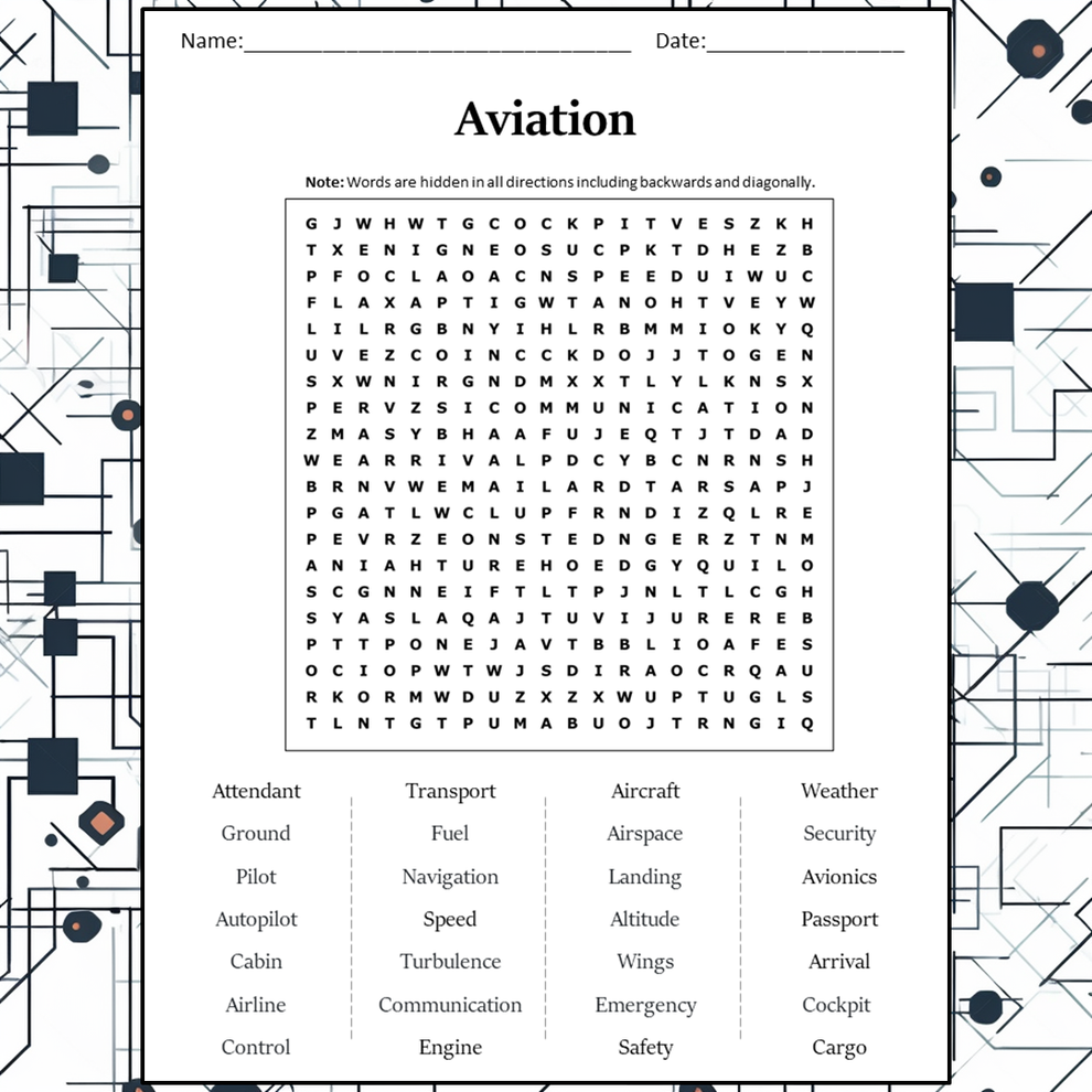 Aviation Word Search Puzzle Worksheet Activity PDF – PrintableBazaar