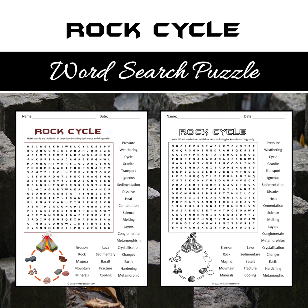 Rock Cycle Word Search Puzzle Worksheet PDF – PrintableBazaar