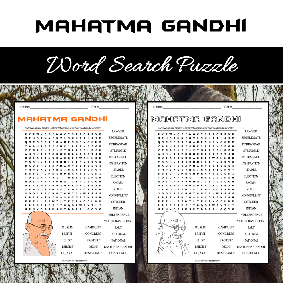 Mahatma Gandhi Word Search Puzzle Worksheet PDF – PrintableBazaar