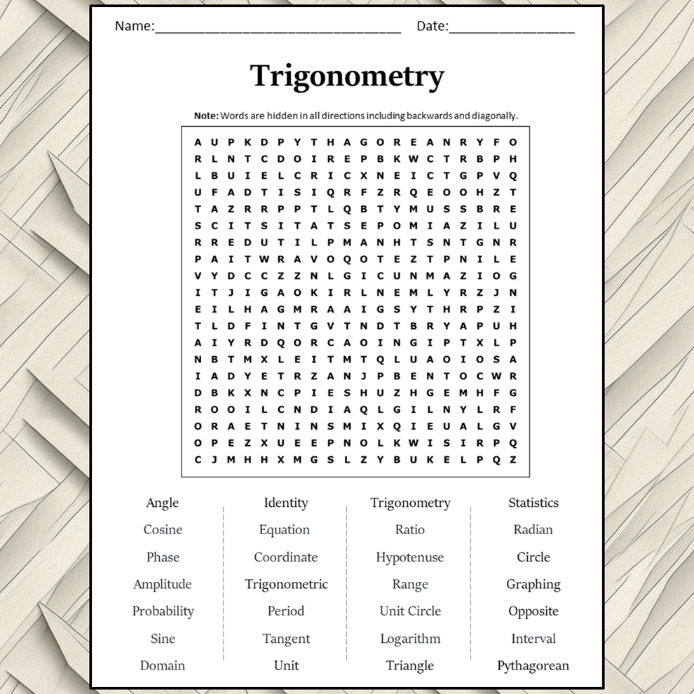 Trigonometry Word Search Puzzle Worksheet Activity PDF – PrintableBazaar