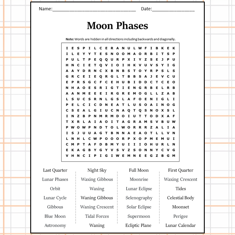 Moon Phases Word Search Puzzle Worksheet Activity PDF – PrintableBazaar