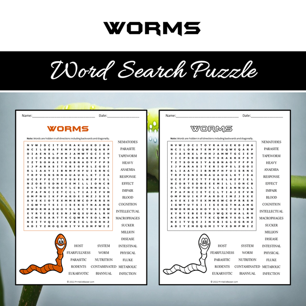 Worms Word Search Puzzle Worksheet PDF – PrintableBazaar